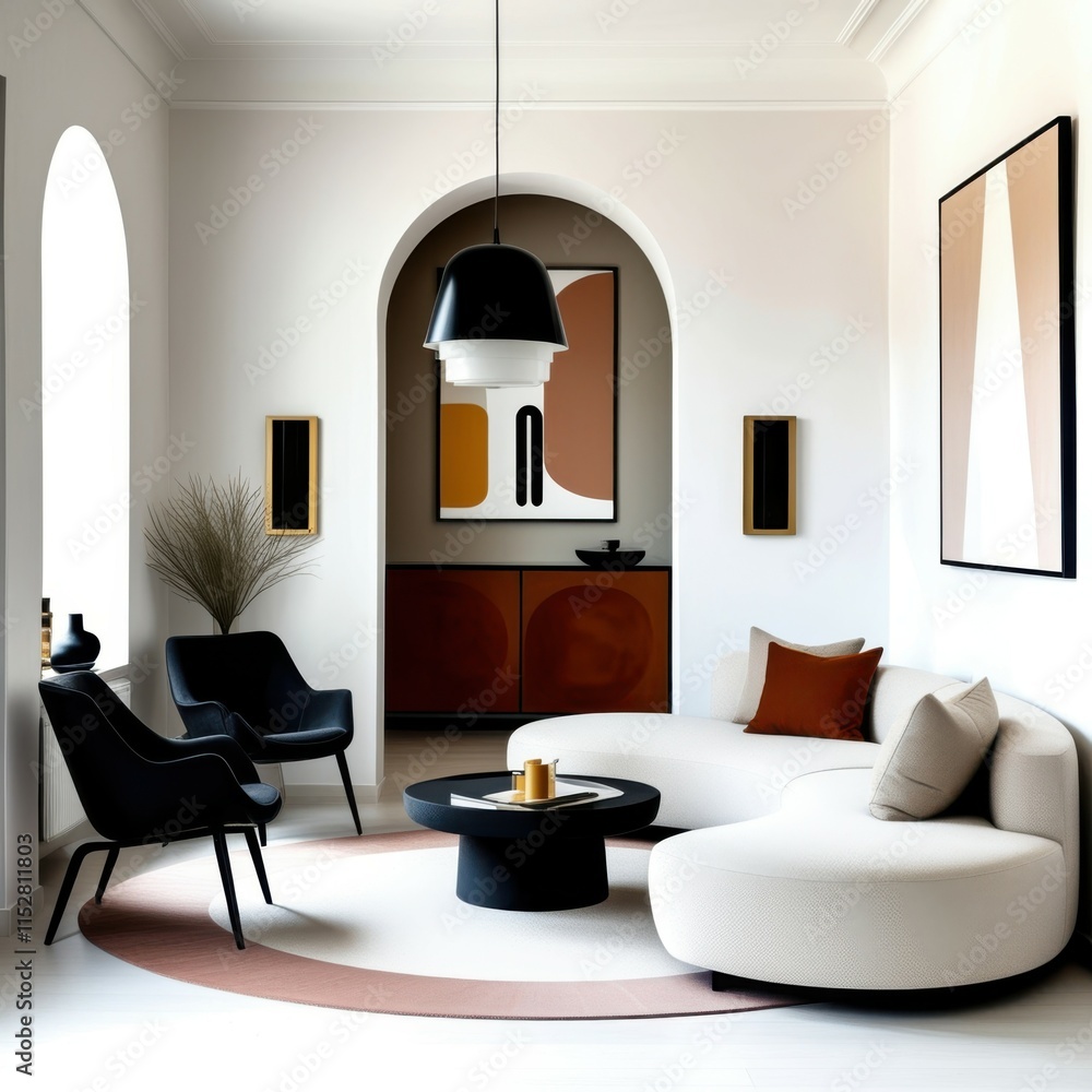 modern minimalist interior, curved white sofa, arched doorways ...