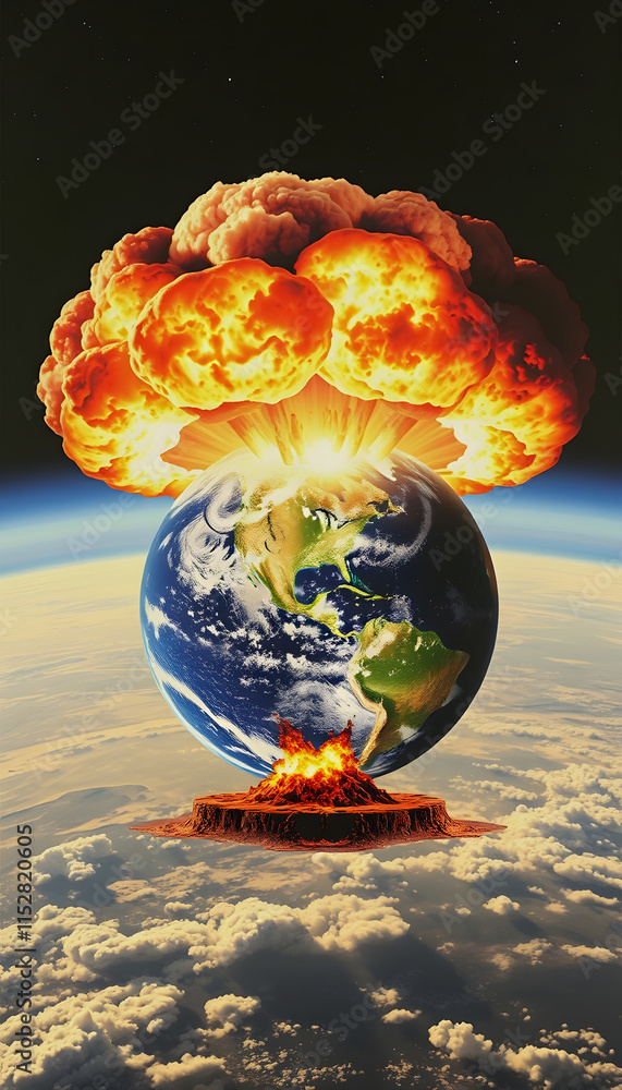 Planet Earth exploding from nuclear blast. Explosion of atomic bomb ...