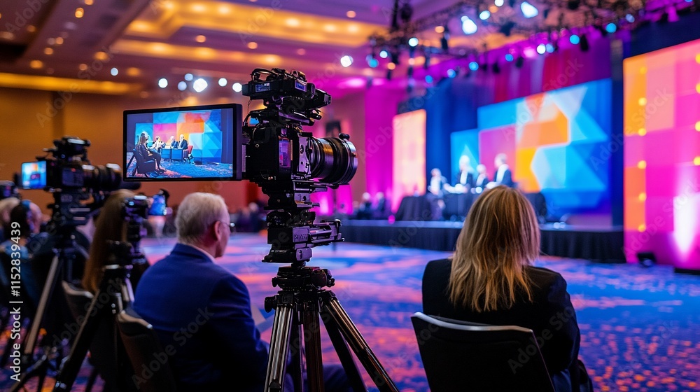 Camera filming a panel discussion at convention hall. Stock Photo ...