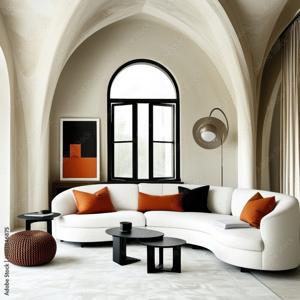 Modern circular living room, white walls, vaulted ceiling, large arched ...