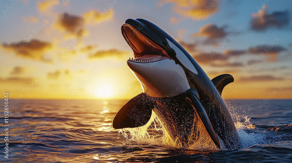 Orca killer whale breaching at sunset, showcasing its powerful presence ...