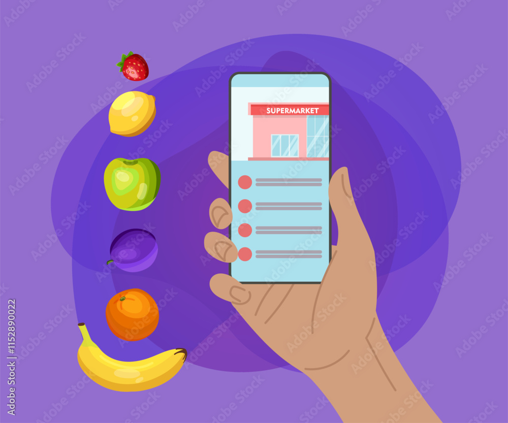 Hand holding phone with online supermarket vector illustration. Cartoon ...