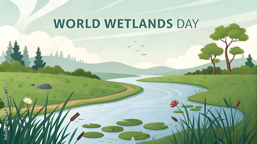 Cartoon Earth character, smiling globe with eyes, wetland ecosystem ...