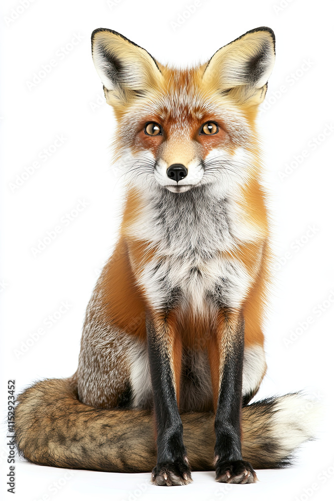 Red fox with a bushy tail, looking over its shoulder on a white ...