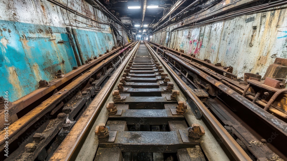Rusty train tracks receding into a dark, graffiti-marked tunnel. Stock ...