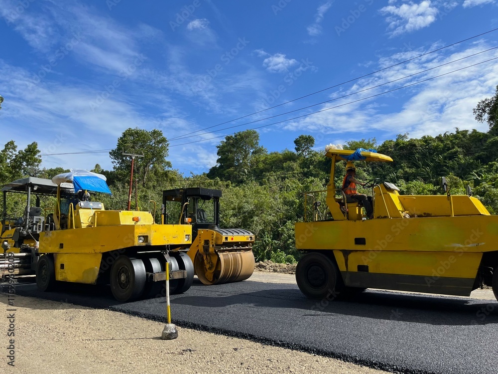 road paving process using heavy equipment, Asphalt Paver and Tandem ...