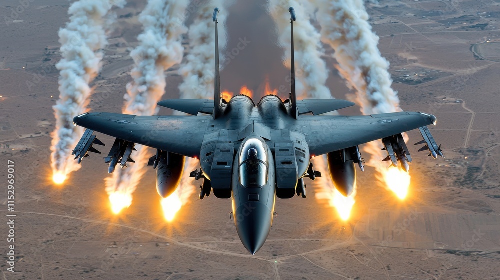 High speed military fighter jet performing aerial maneuvers with ...