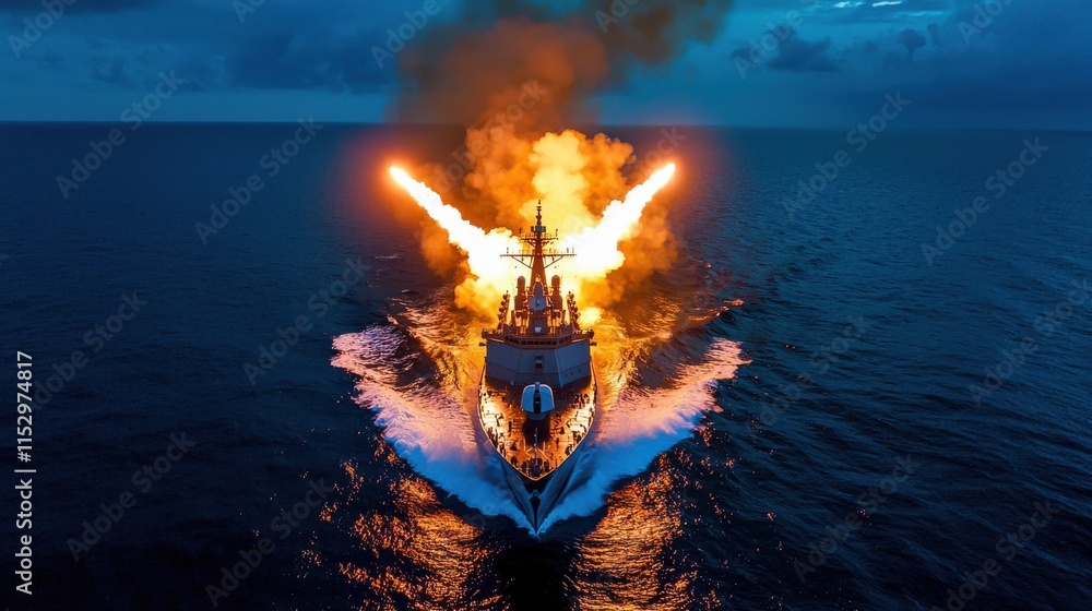 Fiery Warship Explosion on Turbulent Seas Dramatic Naval Combat Scene ...