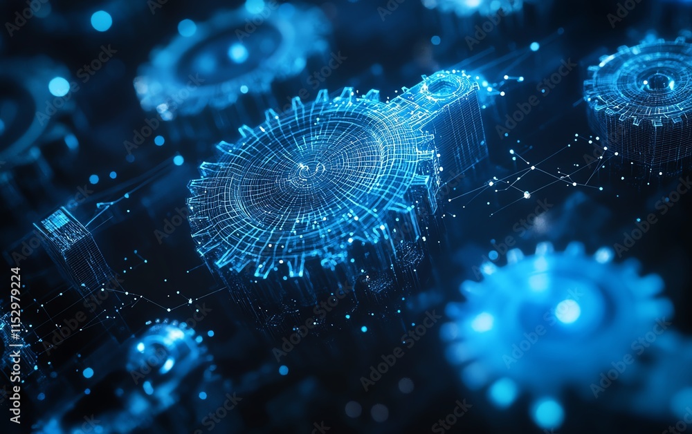 Abstract blue mesh wireframe of cogs and gears, with low polygonal ...