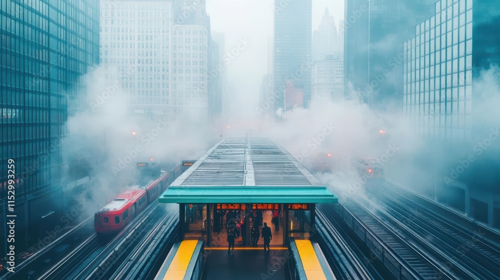 A bustling subway entrance surrounded by smogfilled streets, commuters ...