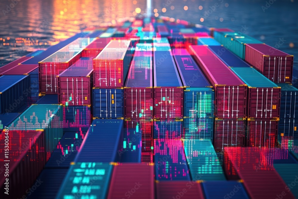 Cargo ship deck stacked with containers, glowing financial graphs ...