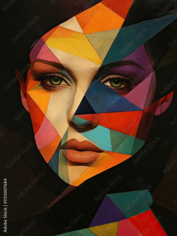 an optical illusion of a woman painted with black geometric shapes and ...