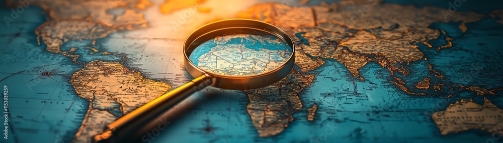 World map with a magnifying glass zooming in on key locations ...