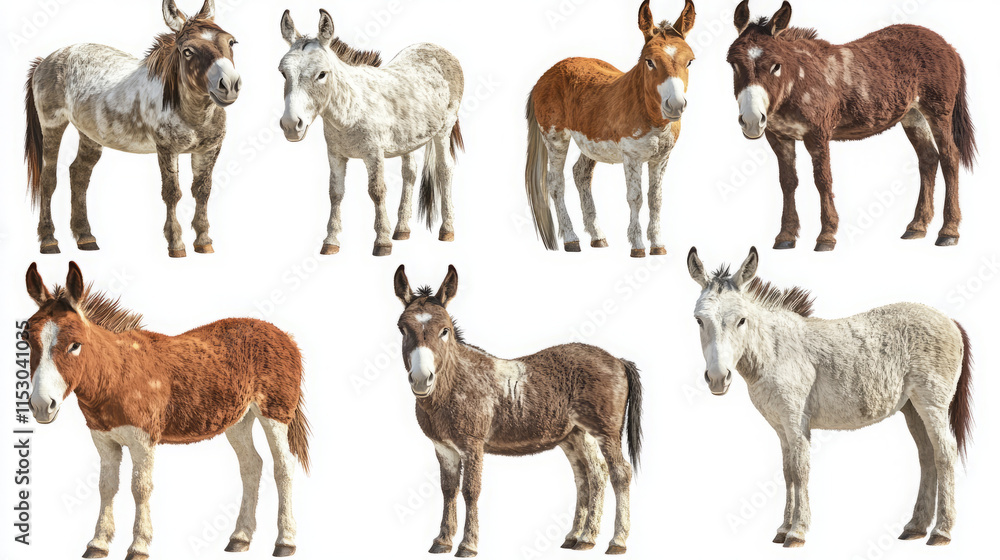 six beautiful donkeys showcasing diverse breeds and colors on a pure ...