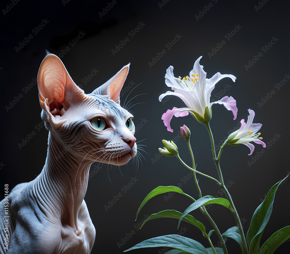 Moody Scene Featuring Sphynx Cat and Floral Accents in a Unique ...