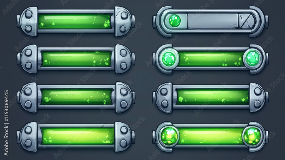 Game ui loading progress bars vector set, cartoon interface gui design elements. Status and ...