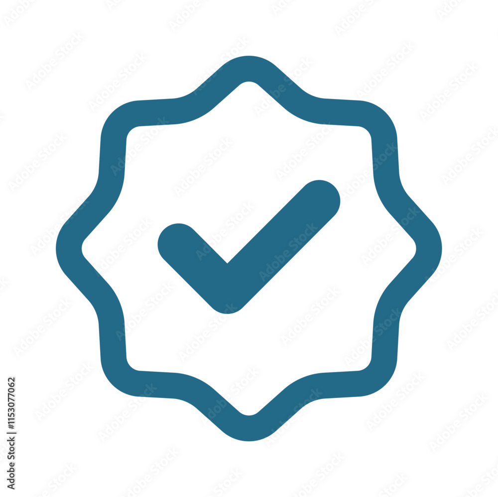 Blue verified social media account icon. Approved profile sign. Tick in rounded corners star ...