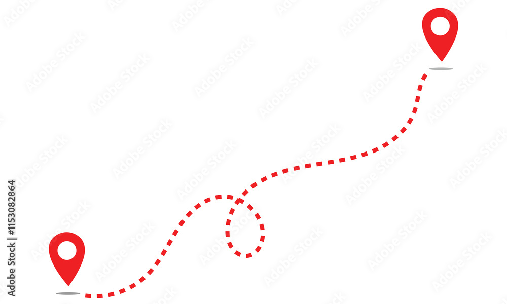 Route location icon, two pin sign and dotted line road, start and end ...