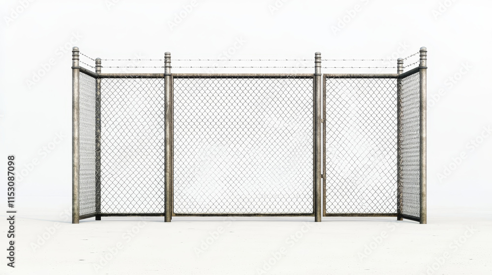 Fence mesh from wire, metal grid with gate. Steel fencing segments ...