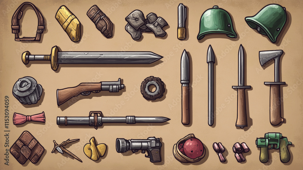 Stock-Illustration „Military game icons cartoon vector set. Isolated ...