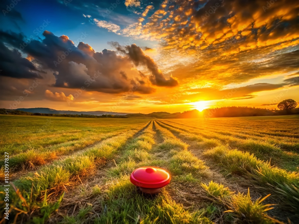 Dramatic Sunset Landscape with Eject Button Metaphor: Red Button in ...