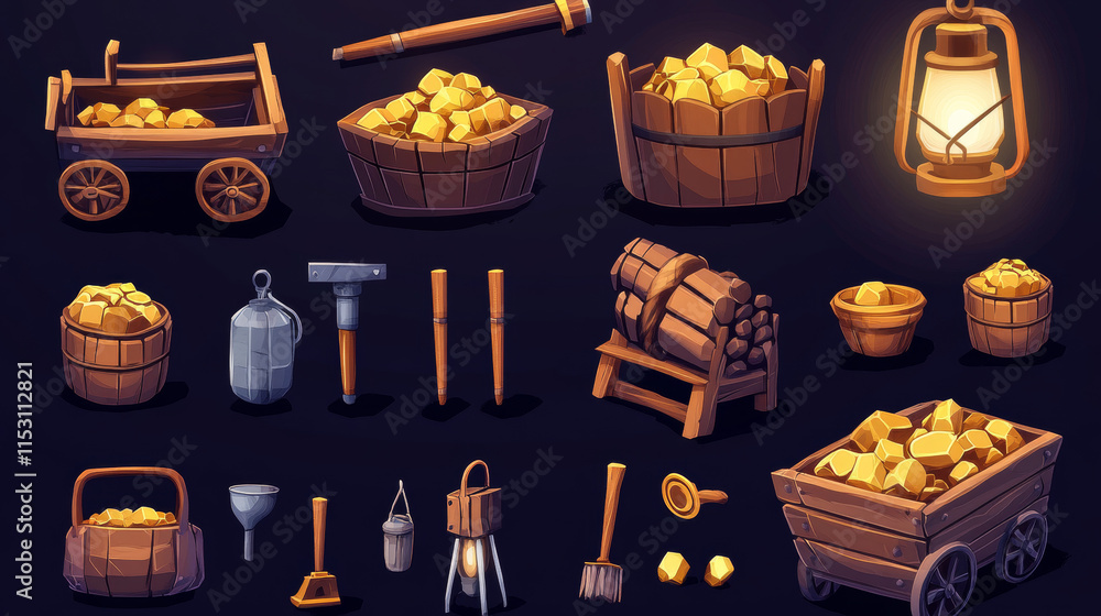 Game props icons gold mine assets dynamite, trolley with golden nuggets ...
