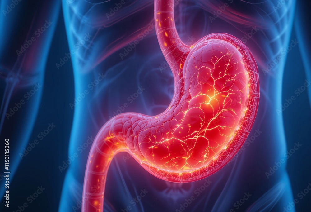 Illustration of acid reflux showing stomach and esophagus with ...