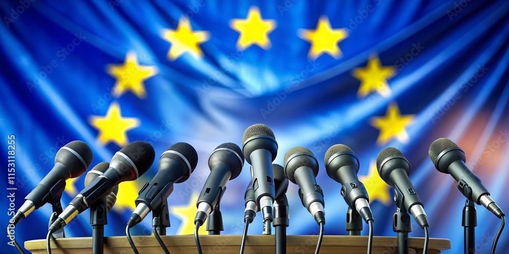 EU Parliament Conference: Microphones & Podium with Flag Background ...