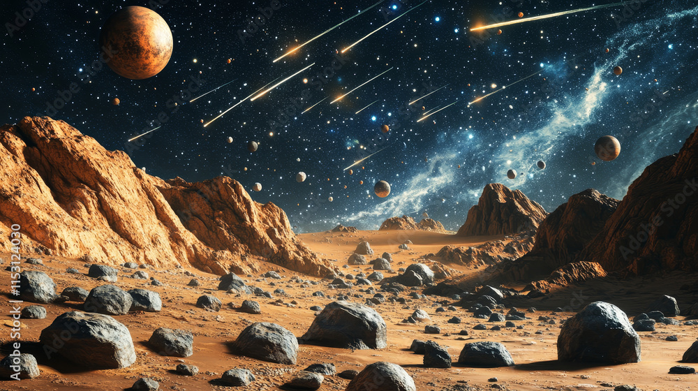 Alien planet landscape, night Mars surface with meteorites and spheres ...