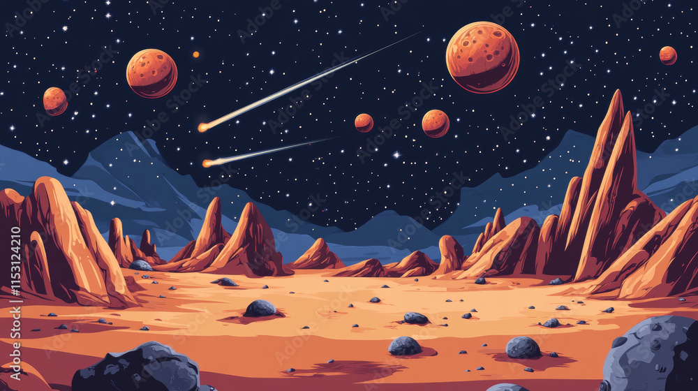 Alien planet landscape, night Mars surface with meteorites and spheres ...