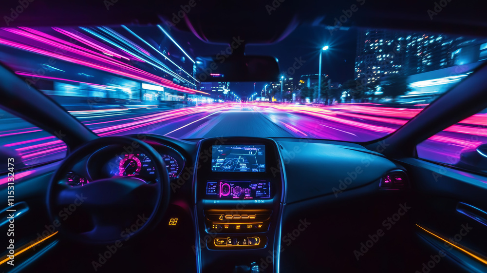 Car drive night road to city cartoon illustration. Cockpit inside view ...