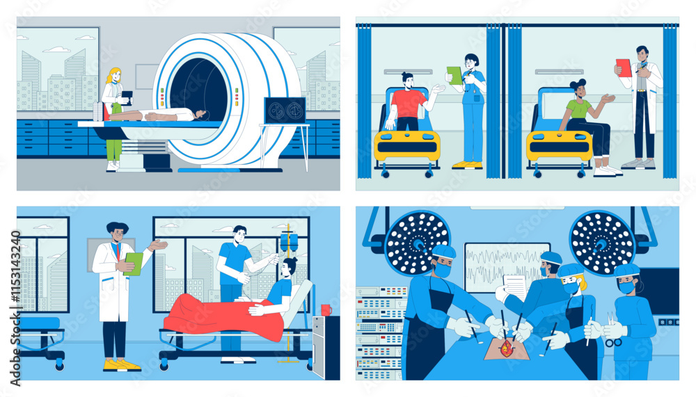 Hospital medical treatment cartoon flat illustrations set ...
