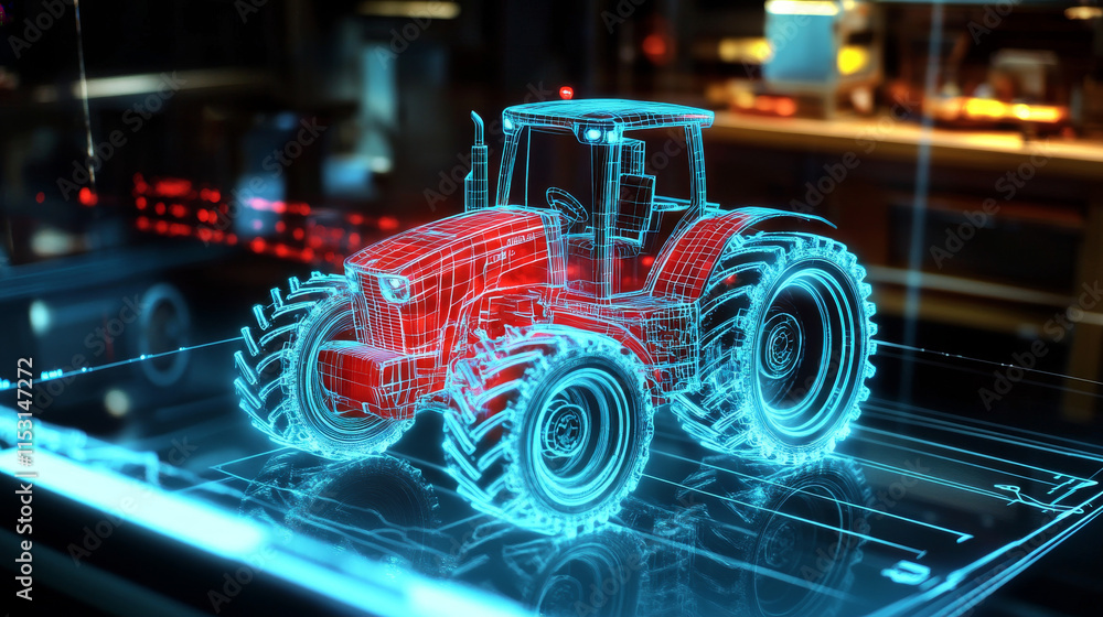 Tractor hologram. Holographic projection of the tractor. A flickering ...