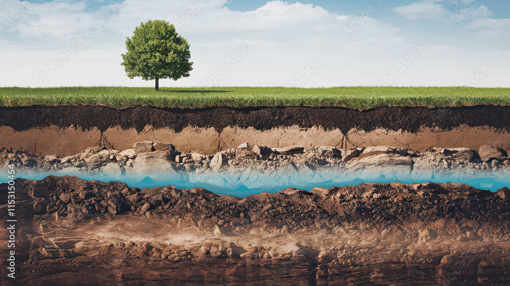 Cross-Sectional View of the Ground Layers, Lush Green Grass with ...