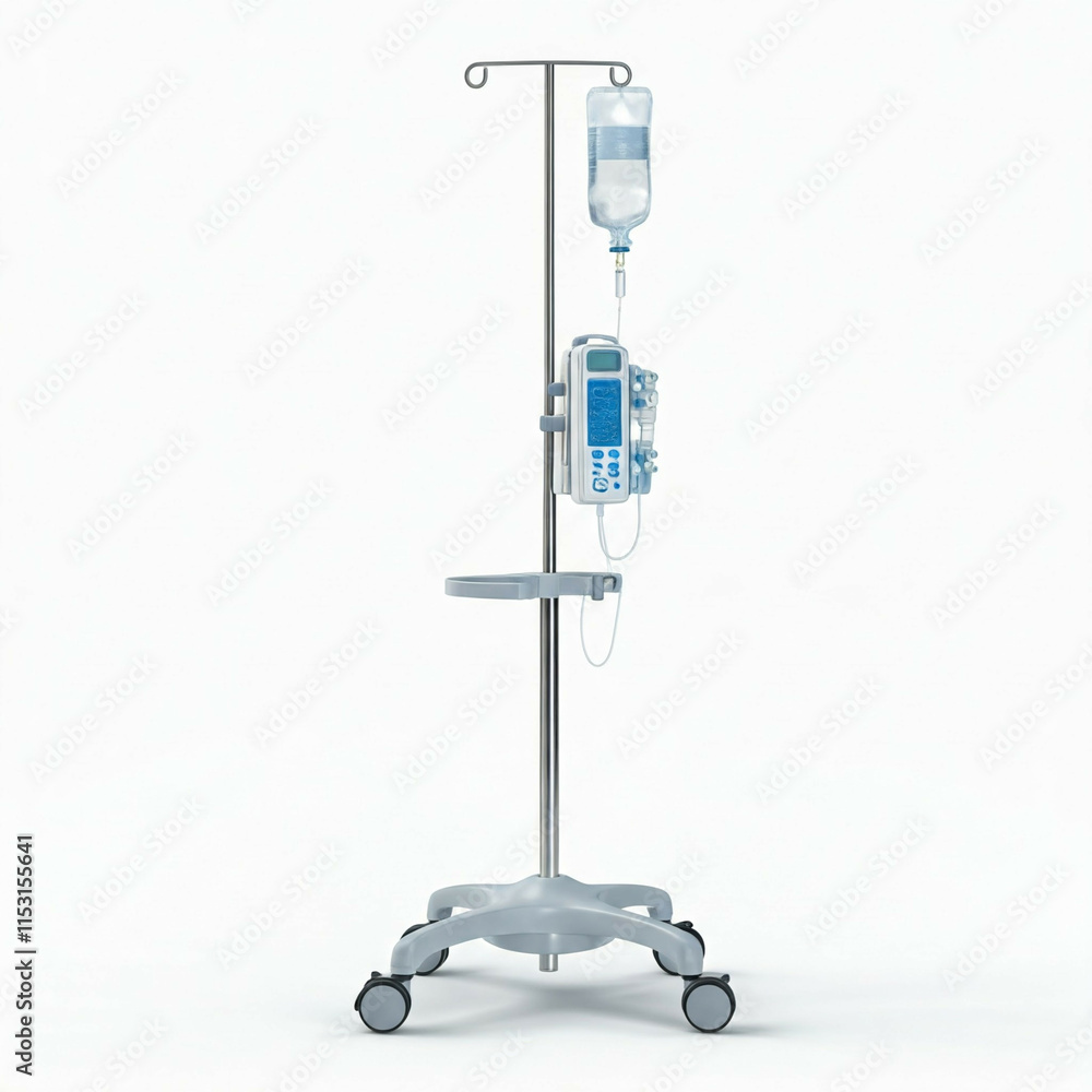 medical iv drip stand with bag and pump on white background in a ...