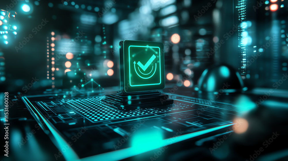 A glowing green approval stamp on a digital tax form, futuristic office ...