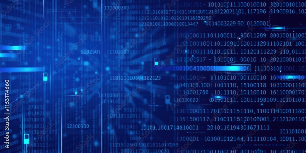 Abstract digital background featuring blue glowing binary code streams and data connections ...