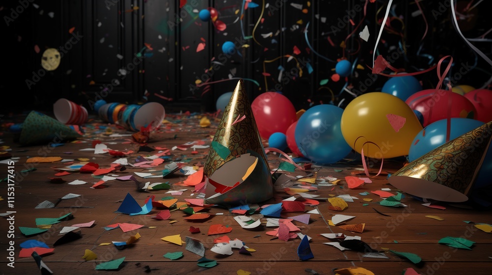 Falling party hats and confetti on the floor of an empty room with ...