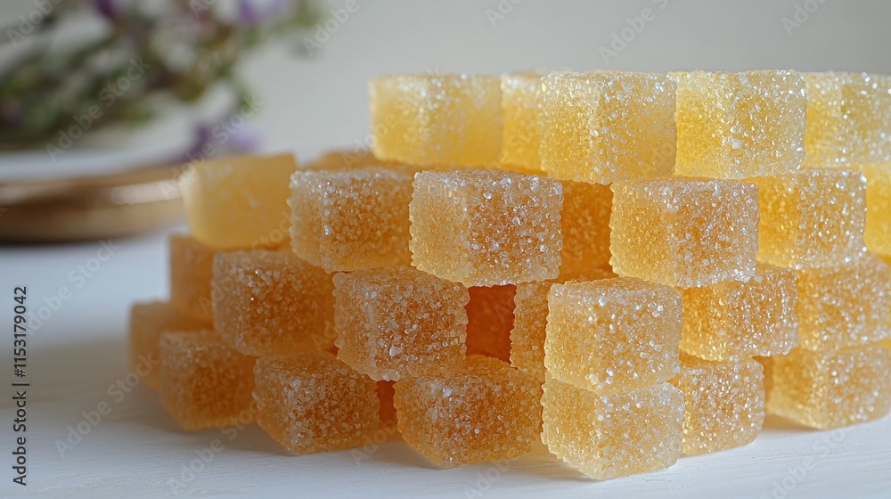 Sweet golden sugar-coated jelly candies stacked in a pyramid. Perfect ...