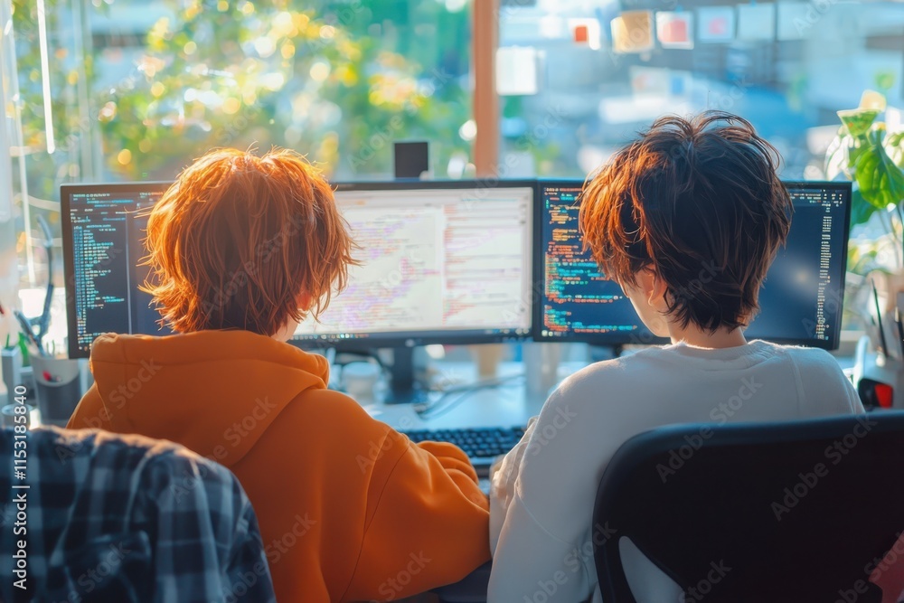 Coding together anime friends collaborating in a software development ...