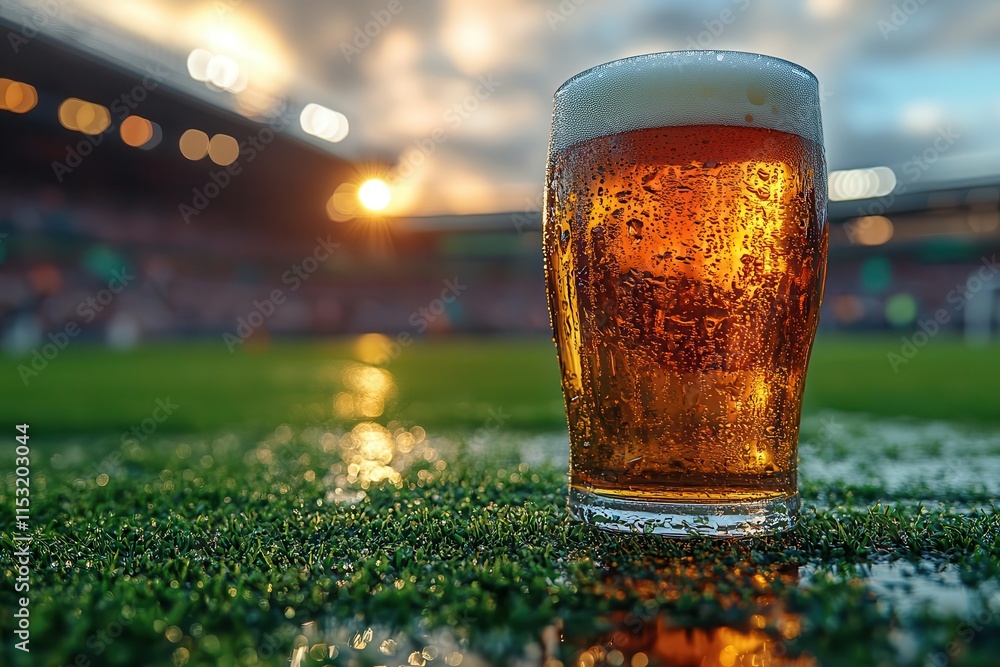 frosty glass of lager beer sits on a soccer field surrounded by ...
