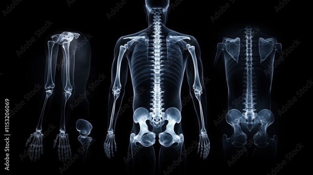 Full-body X-ray highlighting the skeletal structure with key joints ...
