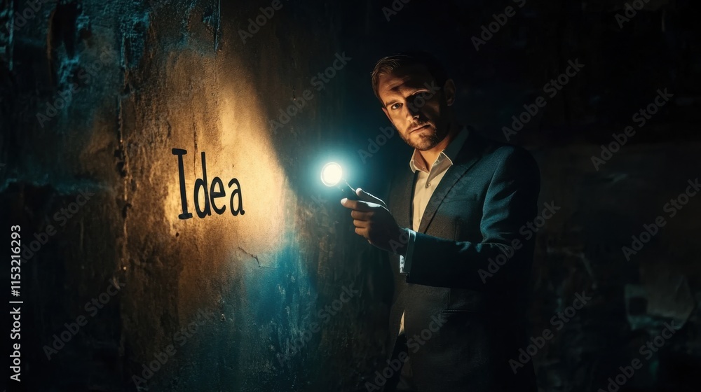 Businessman shines flashlights on a dark wall in a dim room ...
