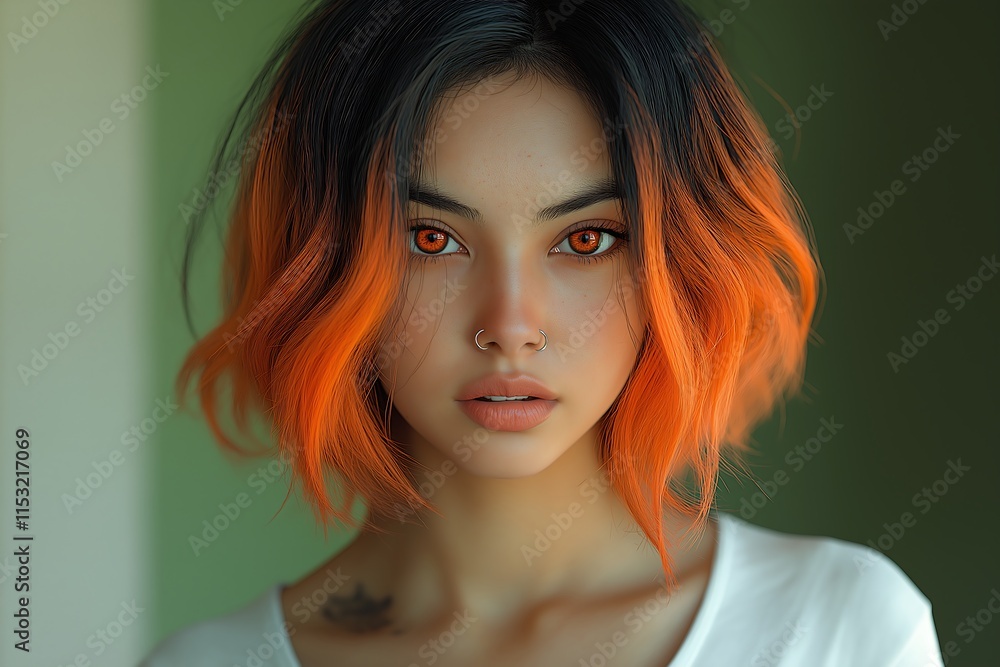 Indian woman, front facing. bob hairstyle, orange to black gradient ...