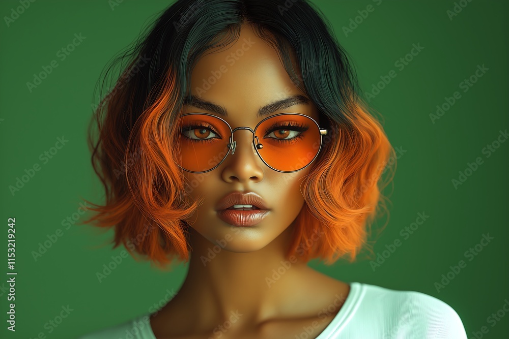 Indian woman, front facing. bob hairstyle, orange to black gradient ...