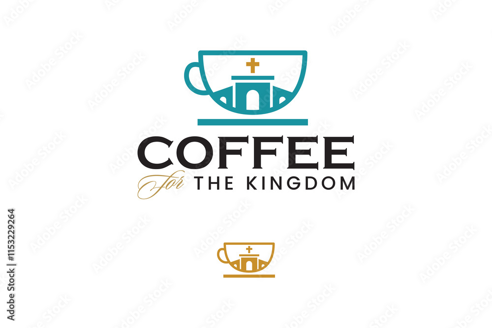 cup coffee with ancient church fort modern logo design. minimalist ...