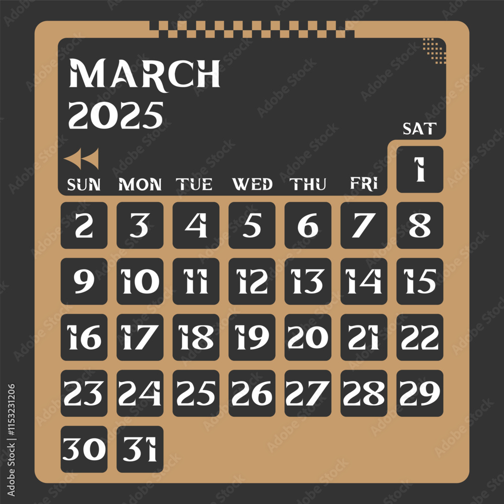 Letter calendar for March 2025. The week begins on Sunday. Time ...