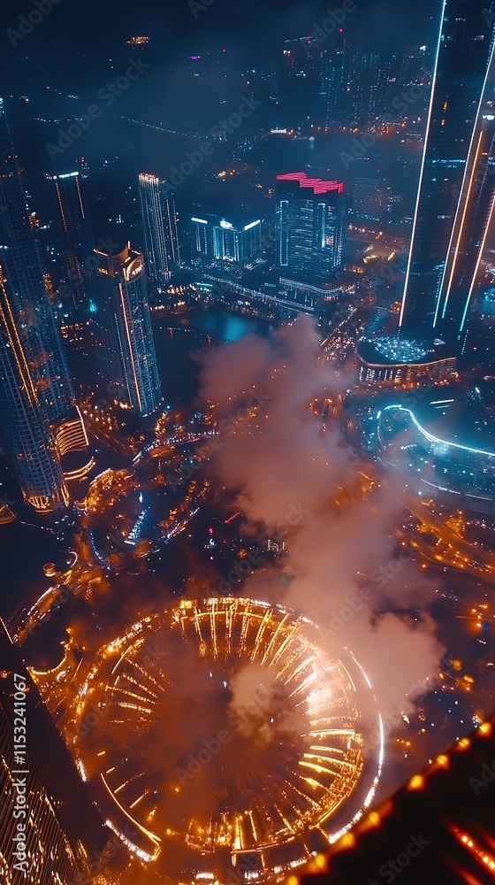 Cyberpunk Cityscape: Aerial View of Futuristic Museum Transforming from ...