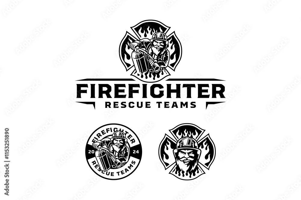 bearded fireman holding fire extinguisher character mascot outline logo ...