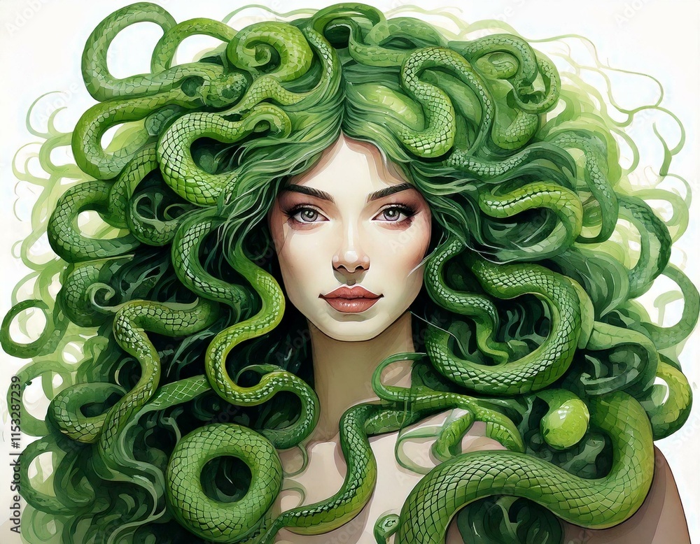 Medusa-themed watercolor with snakes flowing into elegant curls of ...